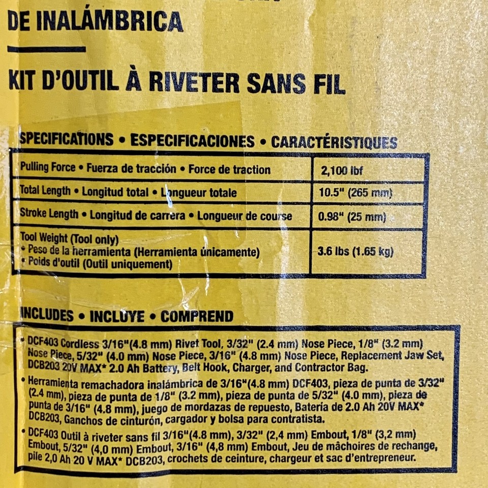 DEWALT DCF403D1 20V MAX XR Brushless Cordless 3/16-inch Rivet Tool Kit ...