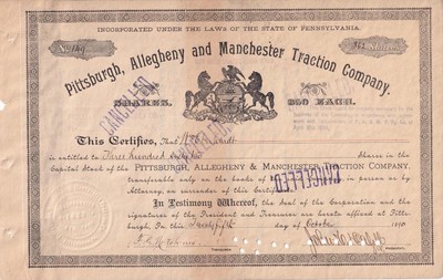 1890 Pittsburgh, Allegheny & Manchester Traction Co - capital stock ...