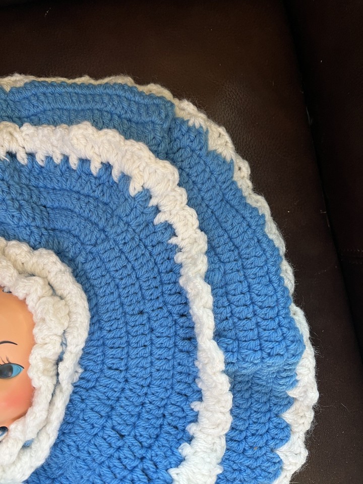Vintage Handmade Crochet Baby Doll Face Bag Pouch Blue White | eBay