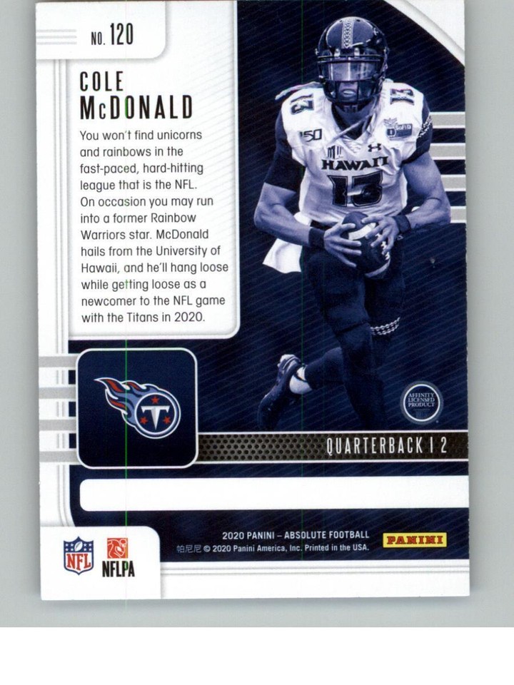 2020 Panini Absolute Cole McDonald 120 RC Tennessee Titans Retail | eBay