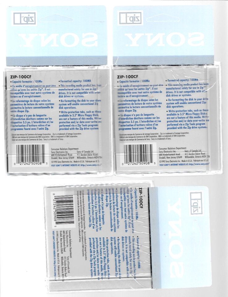 Sony Zip Disks 100 MB Formatted for IBM, 3 Lot - New | eBay