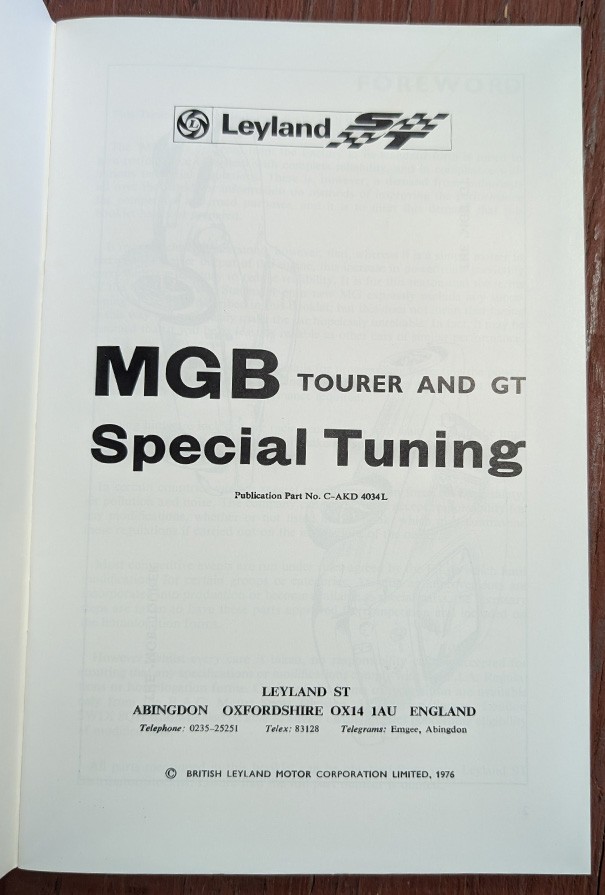 MG MGB Special Tuning: Part No. C-AKD 4034L. Pub. 1976 Book | eBay