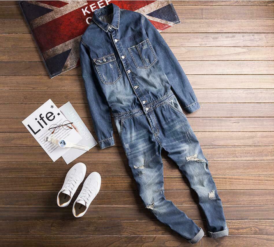 Mens Denim Jumpsuit Dungarees Jeans Overalls Boiler Suit Coveralls One ...