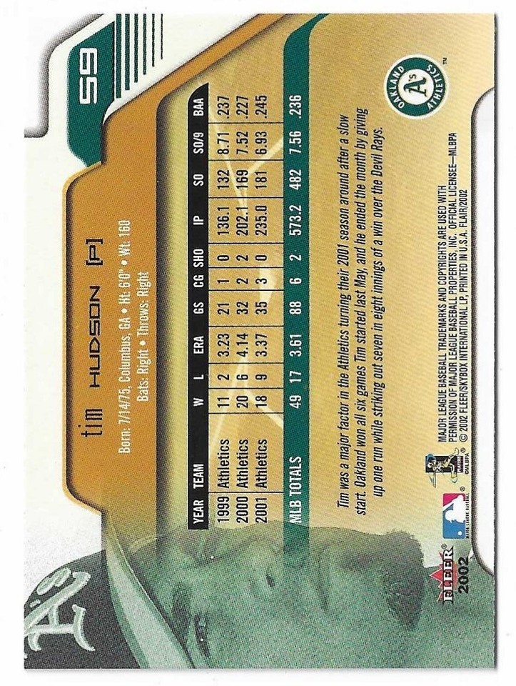 2002 Flair Baseball Tim Hudson Card #59 Oakland Athletics | eBay