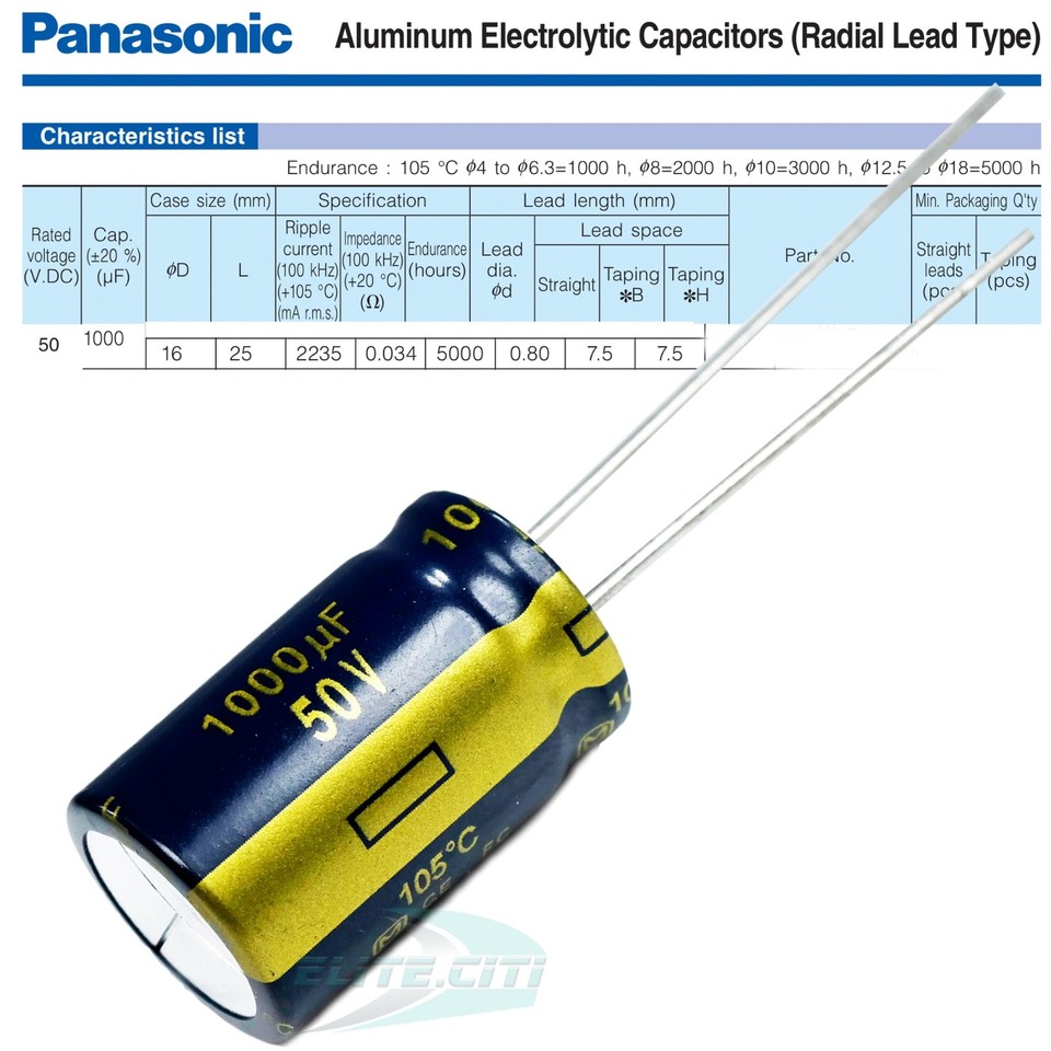 Panasonic FC 1000uf 50v 105C Radial Electrolytic Capacitor Low ESR ...