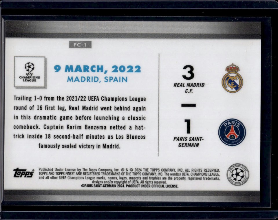 2023-24 Topps Finest Comebacks UEFA #FC-1 Real Madrid CF vs. PSG Rose ...