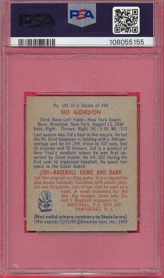 LOT 2) PSA 4 SID GORDON KENNEDY 1949 BOWMAN #101 105 GRADED VINTAGE ...