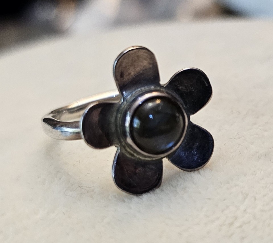Vtg Sterling Silver Flower Ring Round Irridescent Brown/Blue Stone Size ...