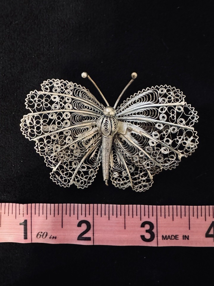 Vintage Sterling Silver Filigree Butterfly Brooch Pin Handmade Fashion ...