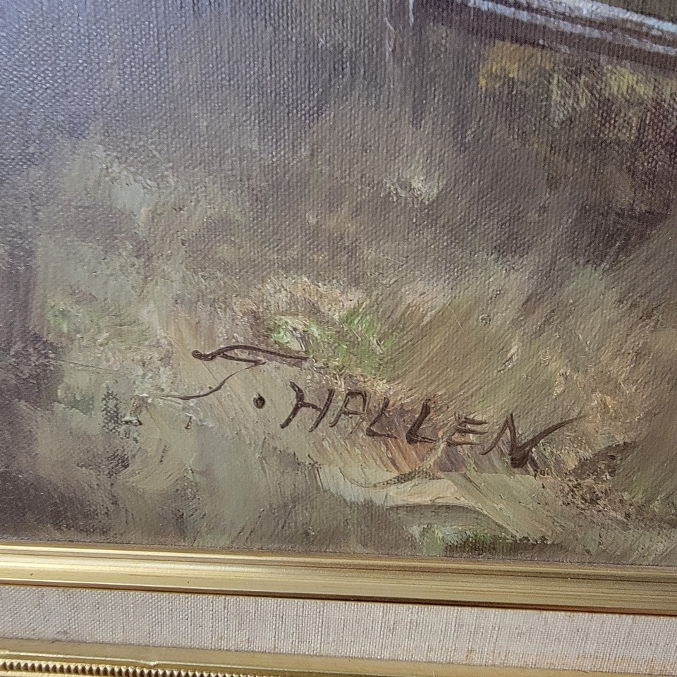 Original Vtg Oil On Canvas Painting Mountain Cabin Landscape Signed J ...