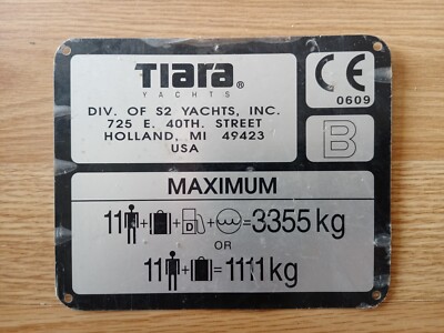 TIARA YACHTS S2 YACHTS INFORMATION PLACARD NEW | eBay
