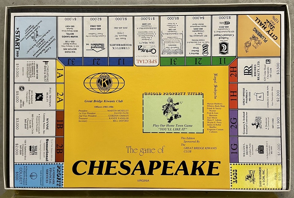 1986 THE GAME OF CHESAPEAKE MONOPOLY BOARDGAME, BOARD GAME, CHESAPEAKE ...