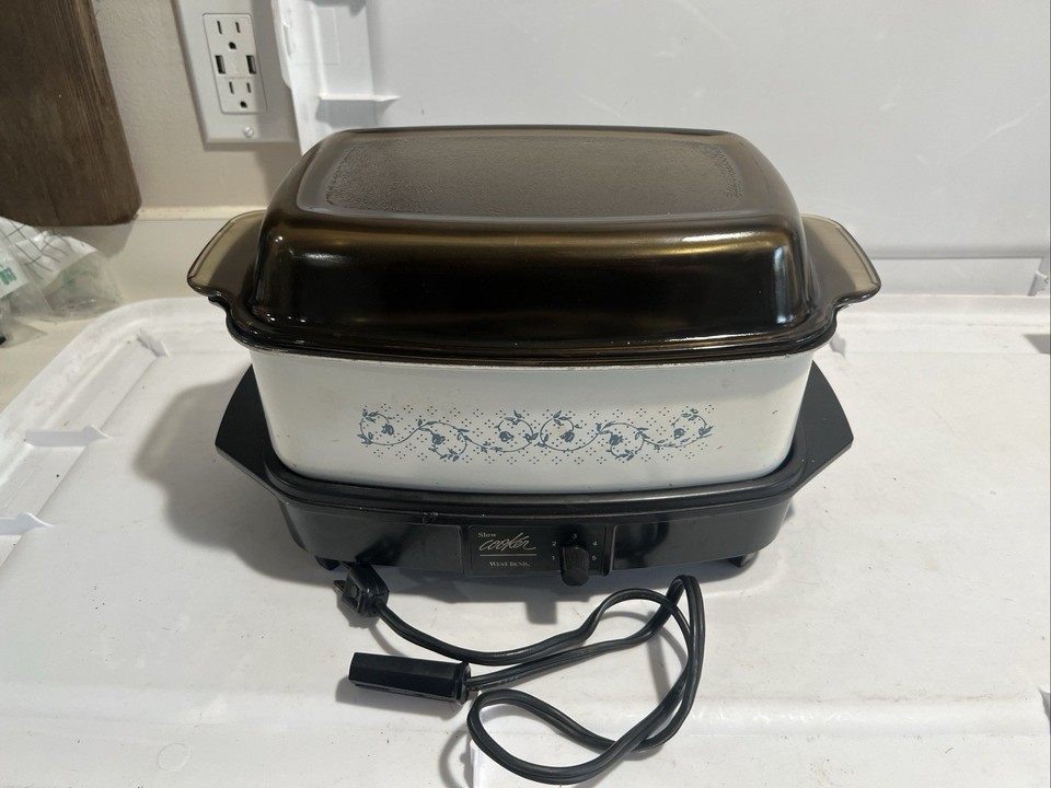 Vtg West Bend Slow Cooker Griddle 4 Qt Non Stick Glass Lid Floral White ...