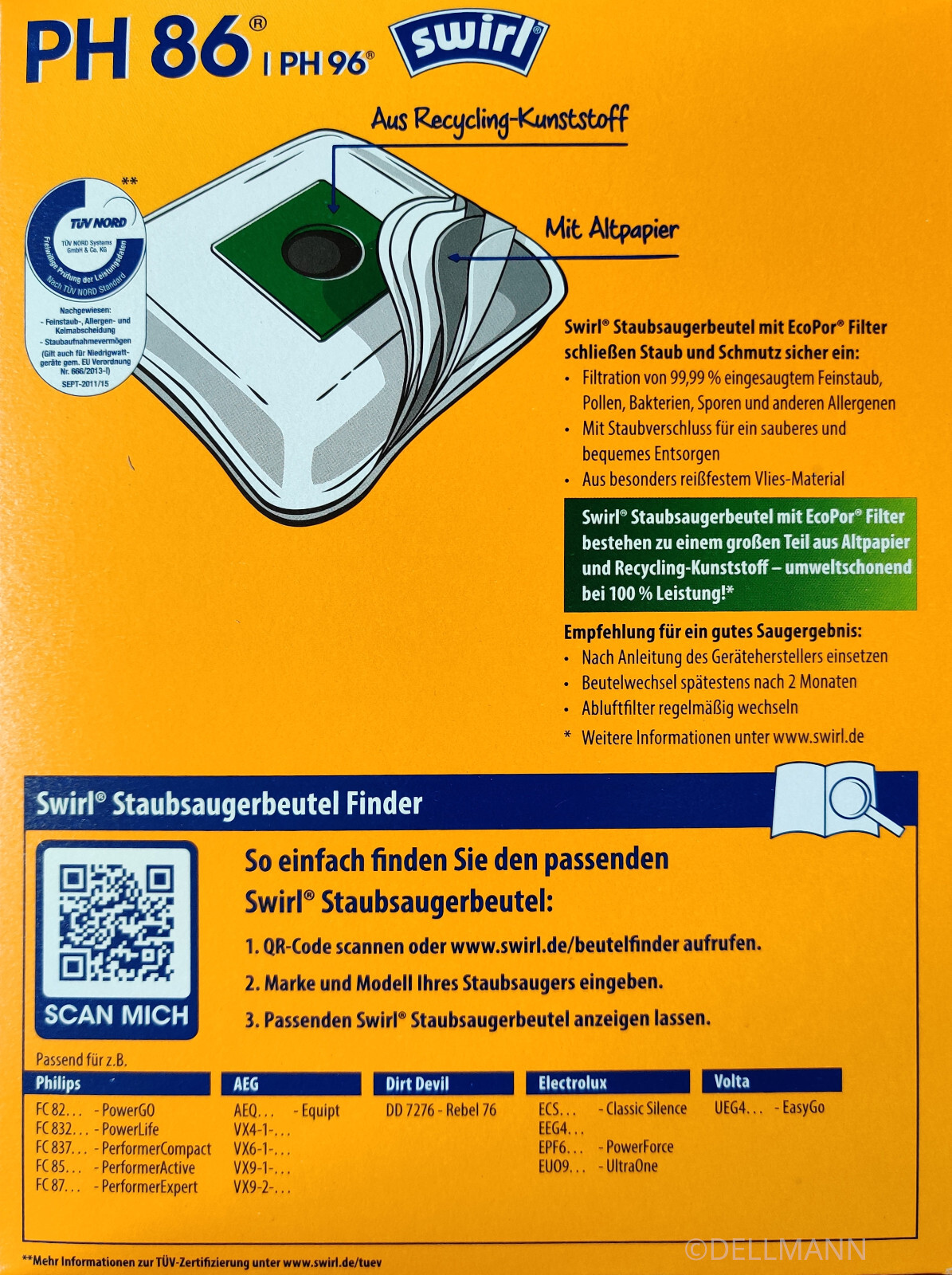 Swirl PH 86 PH 96 EcoPor 6er Pack Staubsaugerbeutel PH86/96 Vorratspack ...