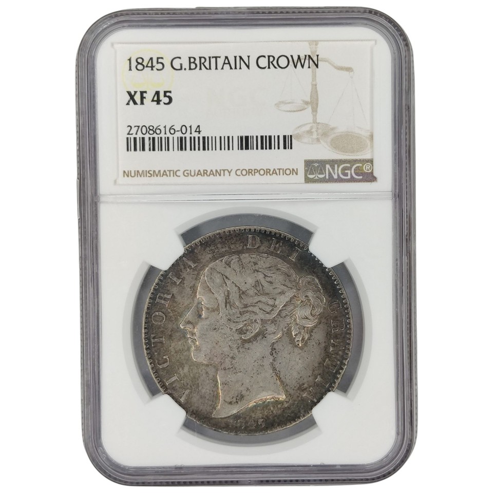 Great Britain 1845 Silver Crown Cinquefoil Edge NGC XF 45 Young Head ...