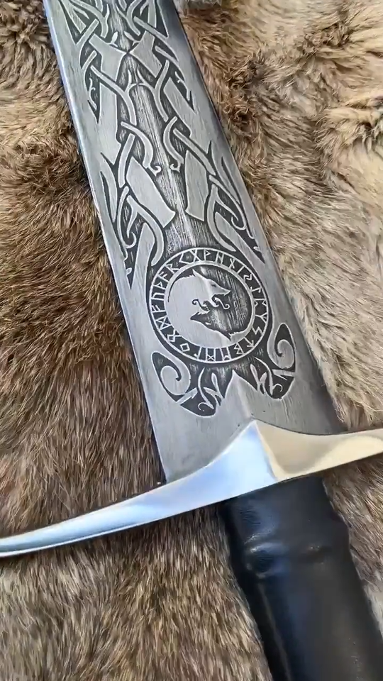 Norse Wolf Sword Engraved Wolves Celtic Knots Elder Futhark Runes ...