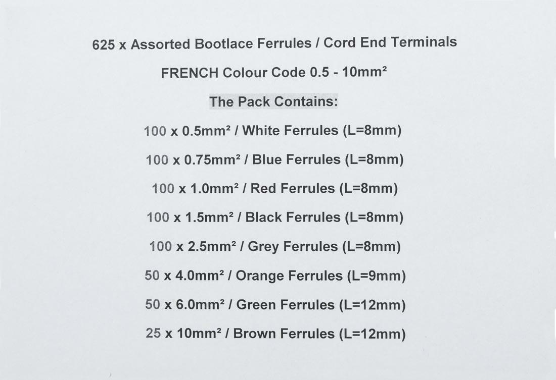 625pcs Bootlace Ferrules Cord End Terminal Kit French Colour Code 0.5 ...