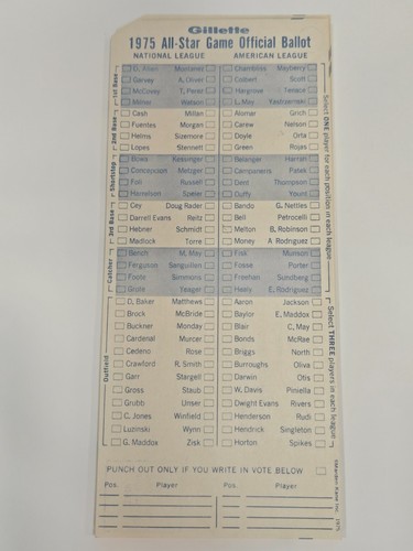 1975 Gillette MLB All-Star Game Official Ballot UNUSED/UNPUNCHED MINT ...