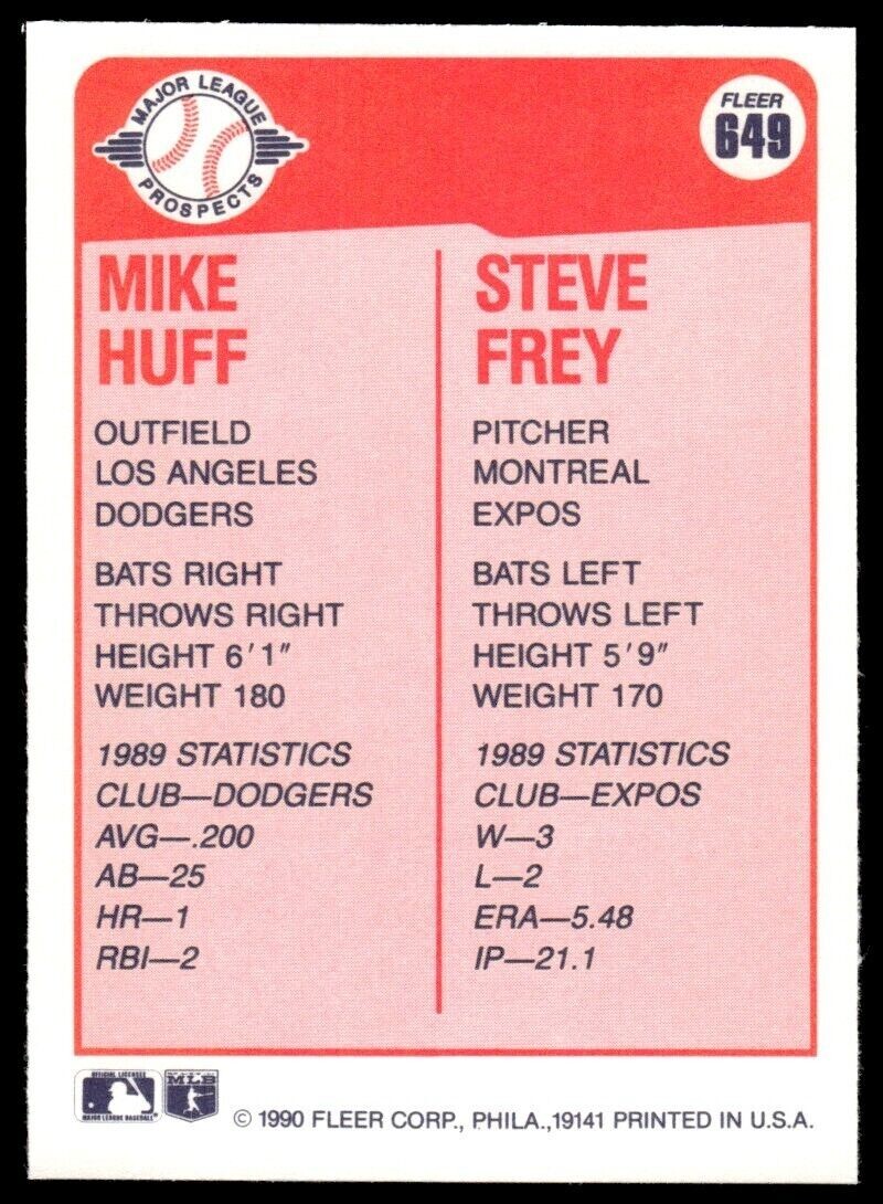 1990 FLEER Baseball PROSPECTS #649 😎 MIKE HUFF, LA. Dodgers & STEVE ...