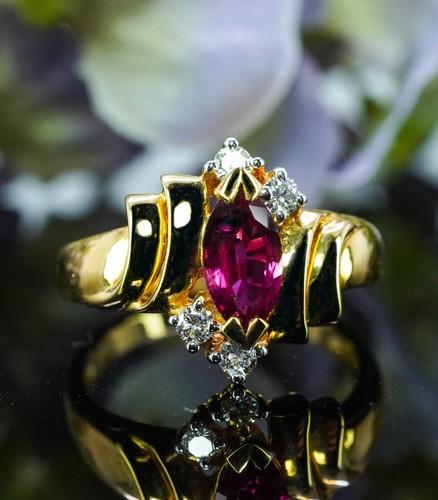 Vintage 18K Gold Burmese Ruby Marquise Diamond Ring Designer Signed | eBay