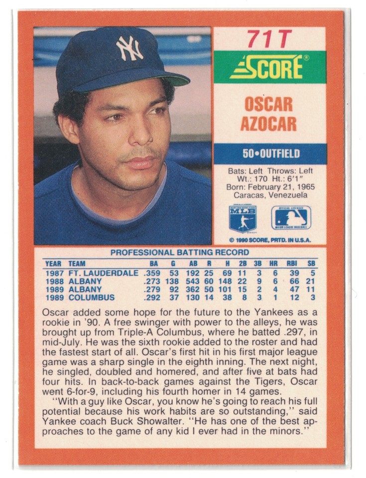 1990 Score Rookie & Traded #71T - Oscar Azocar | eBay