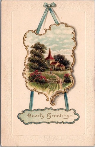 Vintage 1910s "Hearty Greetings" Embossed Postcard Springtime Church ...