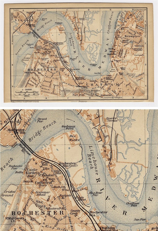1906 ANTIQUE CITY MAP OF ROCHESTER / CHATHAM / MEDWAY / ENGLAND | eBay