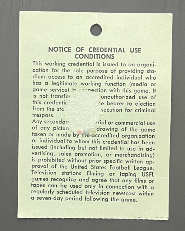 1983 CHICAGO BLITZ USFL FOOTBALL PRESS PASS v. WASHINGTON FEDERALS ...