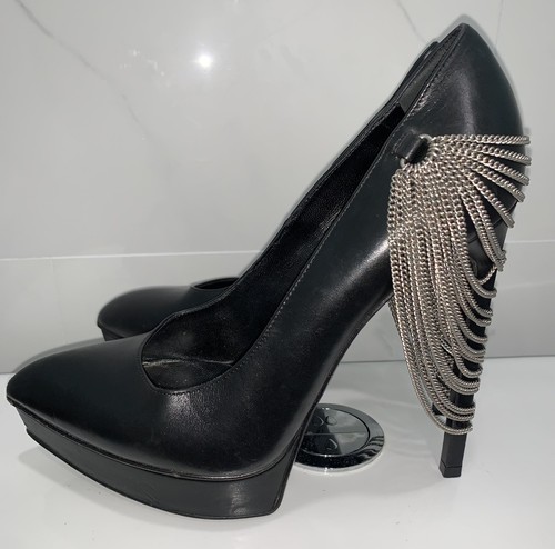 YSL Yves Saint Laurent Janis Chains Black Leather Heels Platform Pump ...