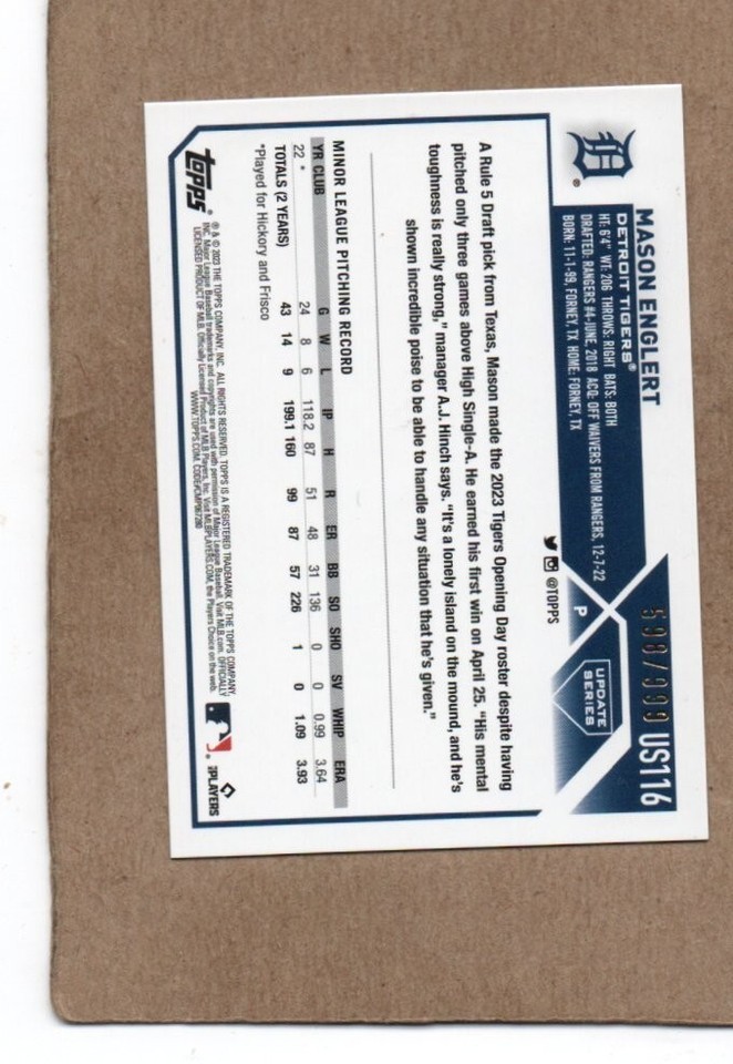 mason englert detroit tigers rc blue foil us116 598/999 topps | eBay