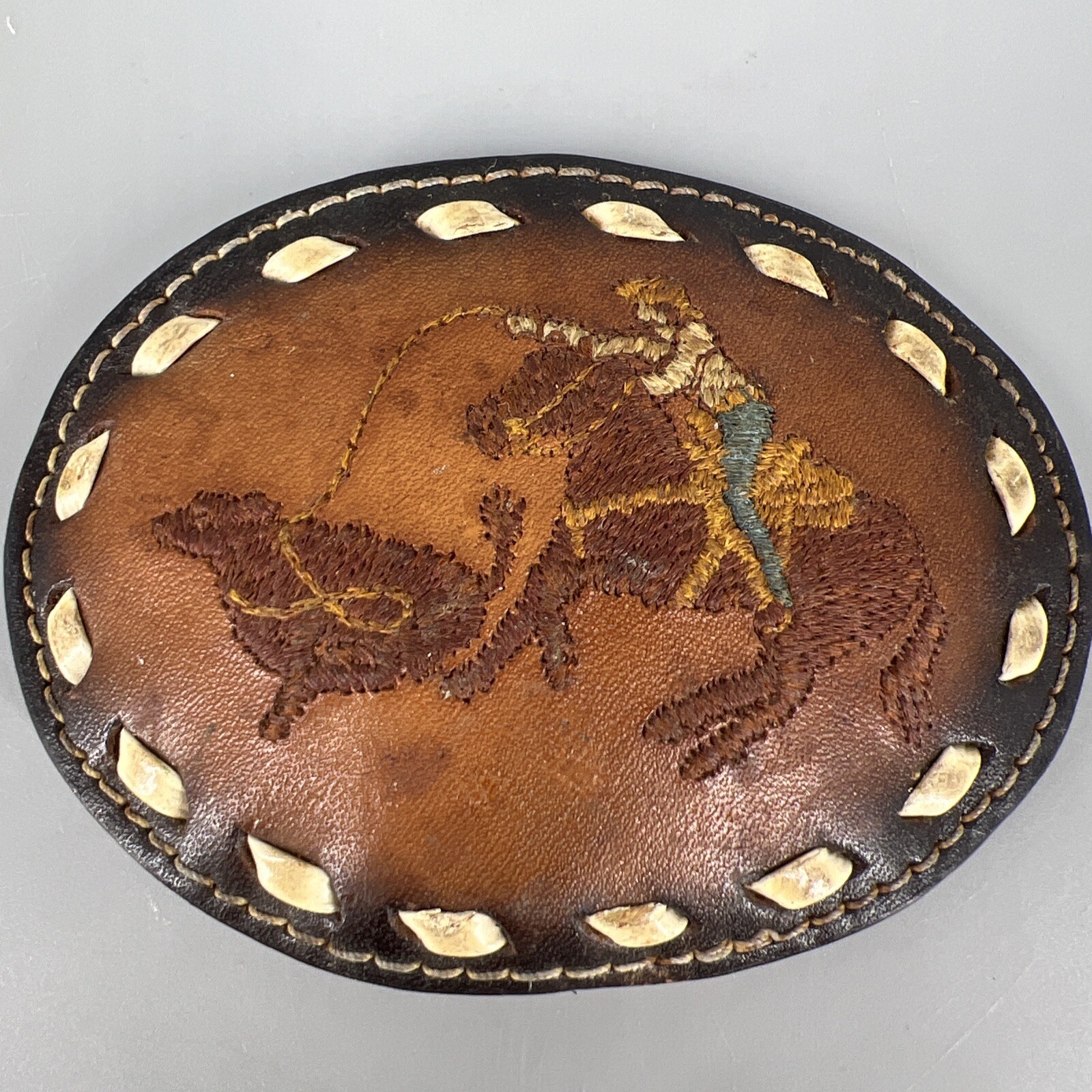 Vintage Embroidered Calf Roping Leather Belt Buckle W… - Gem