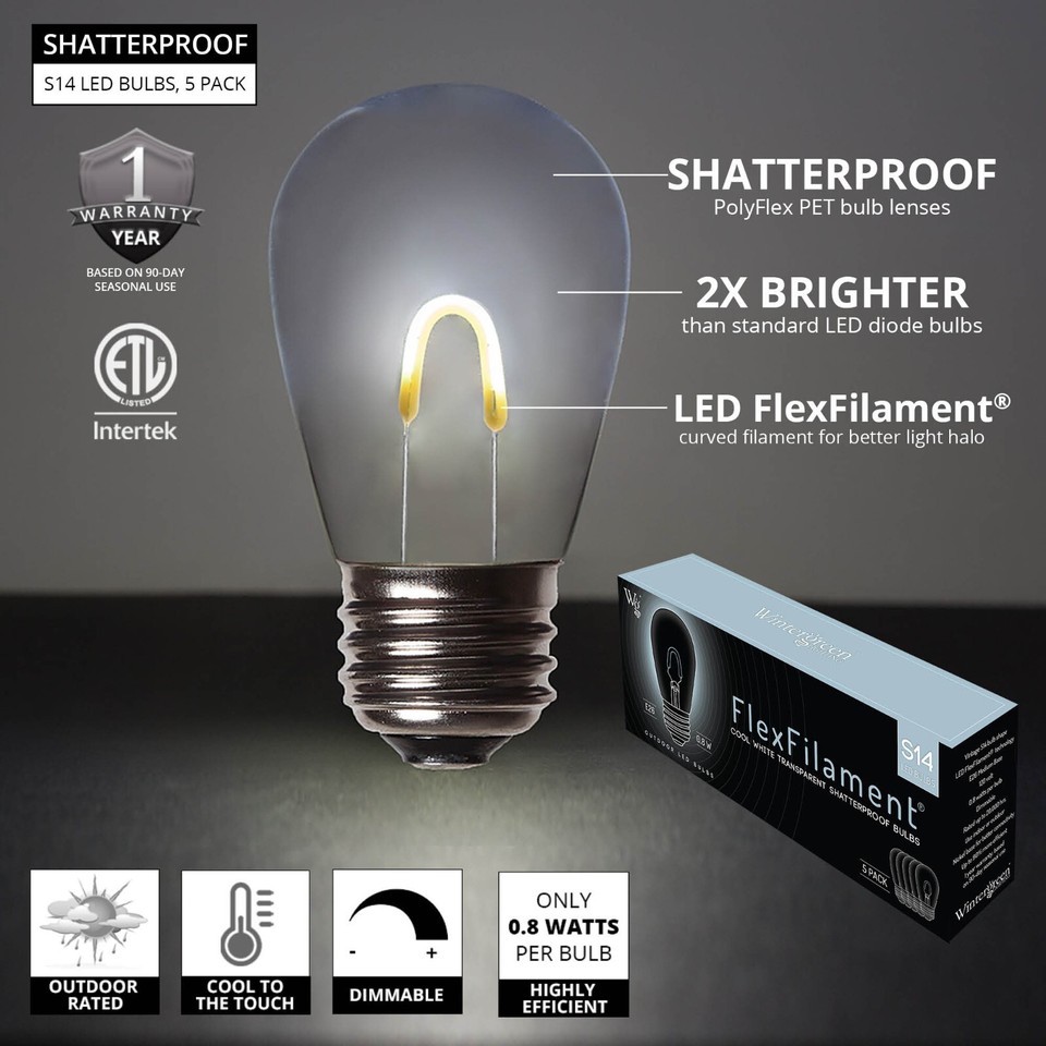 S14 LED Shatterproof Edison Filament Patio Light Bulbs E26, 5 Pack, 8 ...
