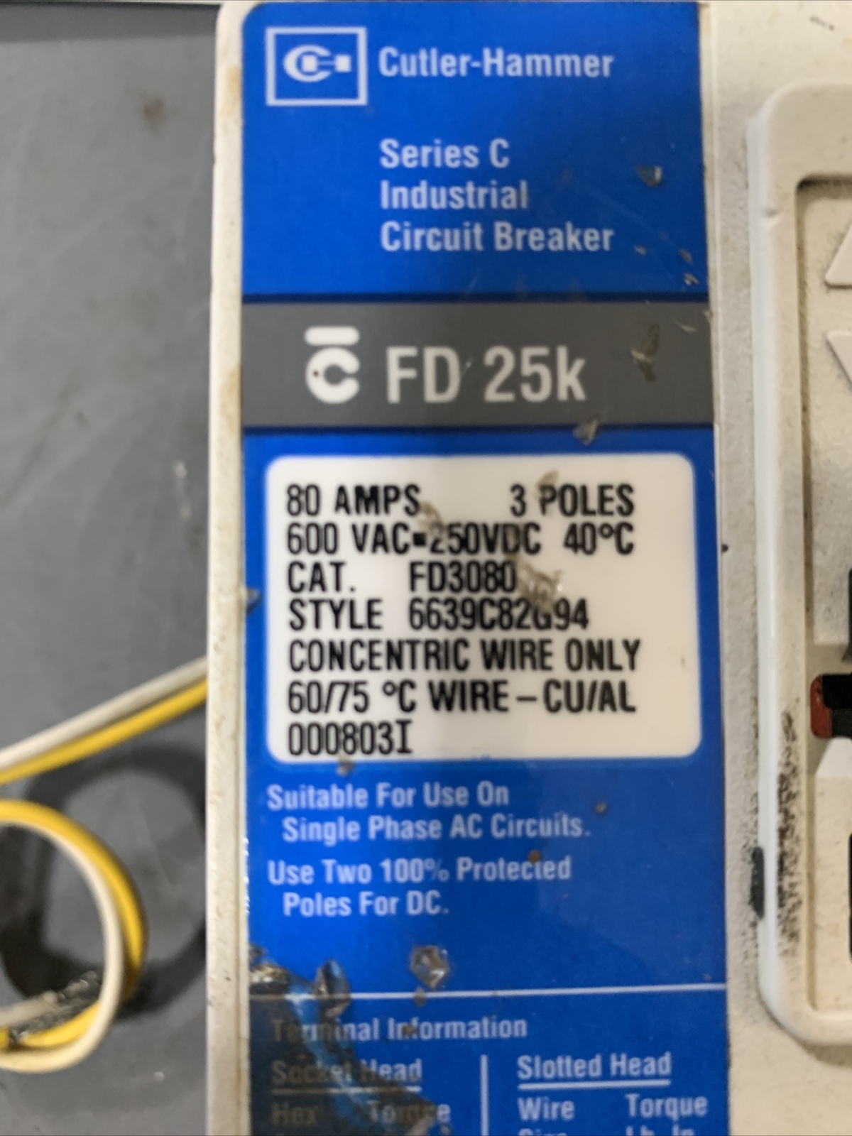 Cutler Hammer FD3080 80 AMP 600V 3Pole Breaker Shunt Trip SNT1RP08K FD ...