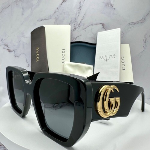 New GUCCI Sunglasses Black Gold Square Interlocking GG Logo Oversized ...