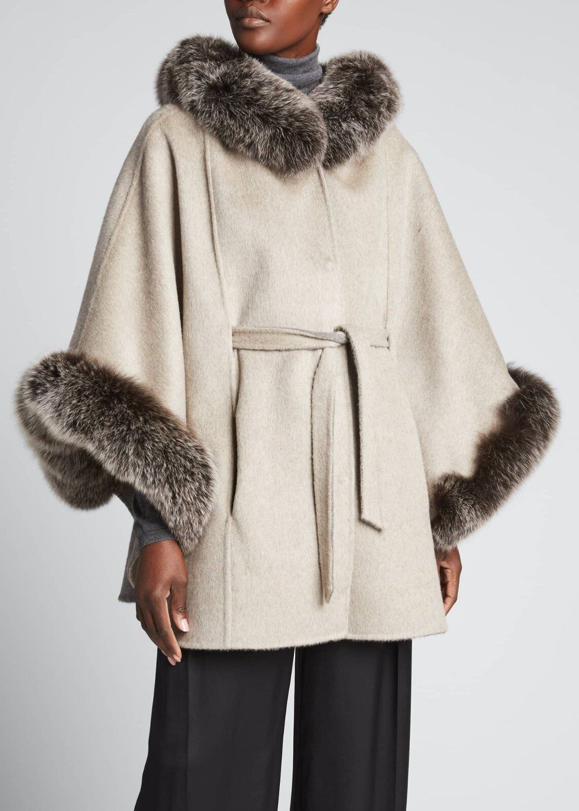 LA FIORENTINA Reversible Wool Cape W/ Fox Fur Trim Oatmeal/Gray New O/S ...