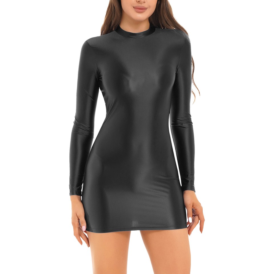 Women's Oil Shiny Micro Mini Dress Transparent Bodycon Tight Pencil ...