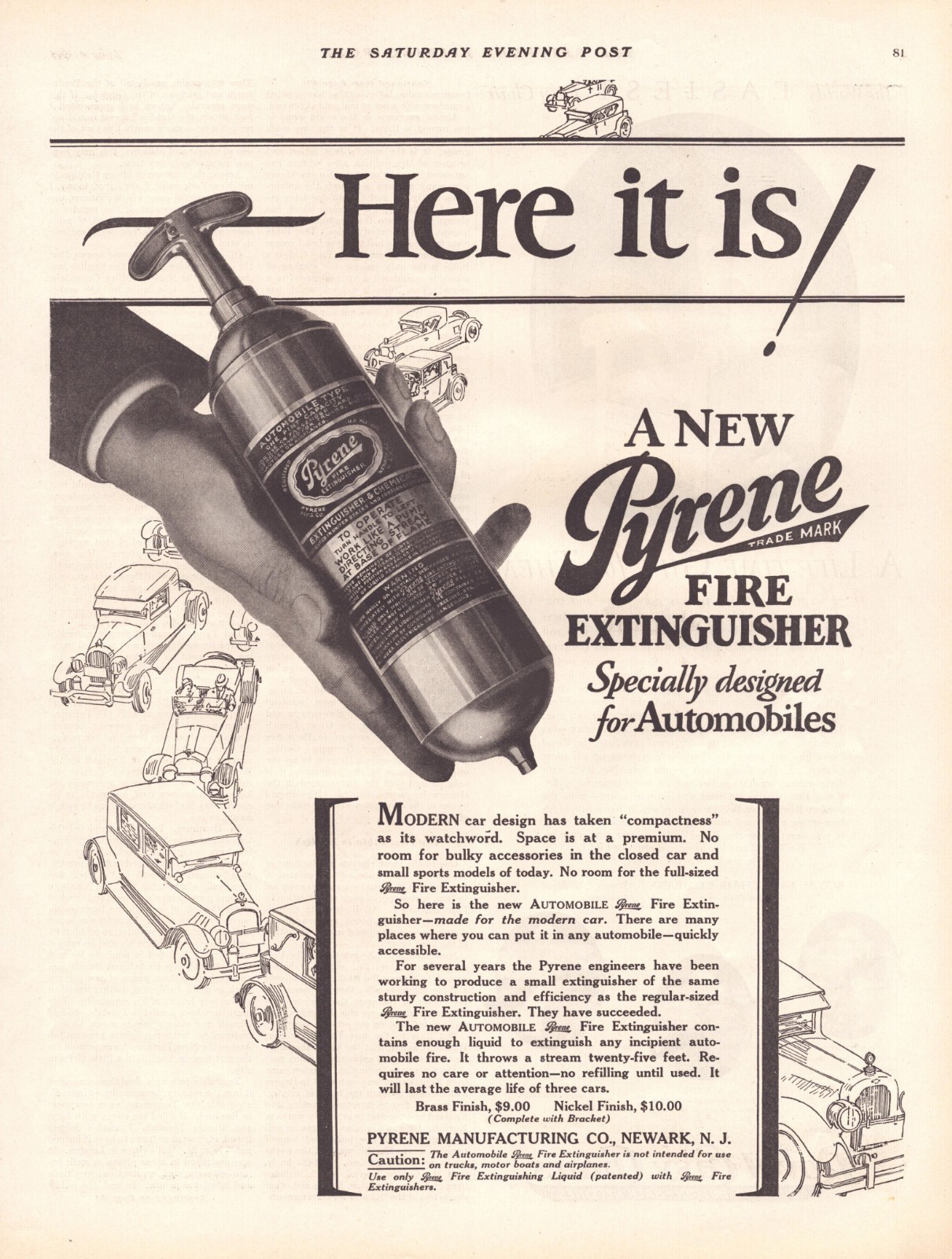 1927 Pyrene Fire Extinguisher Specially Designed for Automobiles Print ...