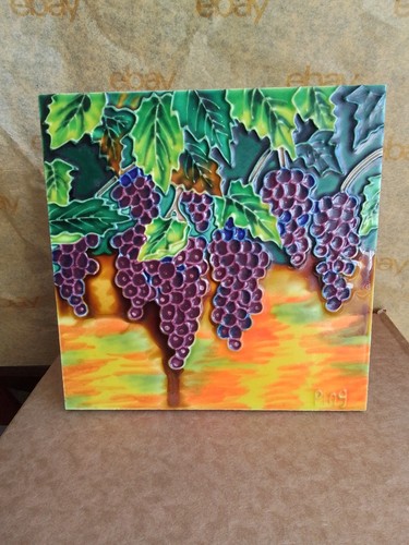 Handcrafted Glazed Ceramic Tile by Ping, Wall or Tabletop Red Grapes ...