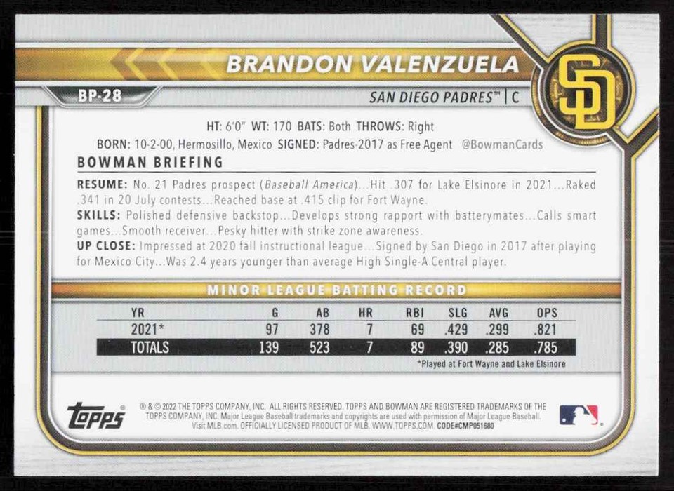 2022 Bowman Prospects Brandon Valenzuela San Diego Padres #BP-28 | eBay