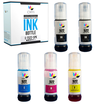 5PK T522 Black Color Ink Bottle Refills for Epson 522 2BK 1CMY Fits ...