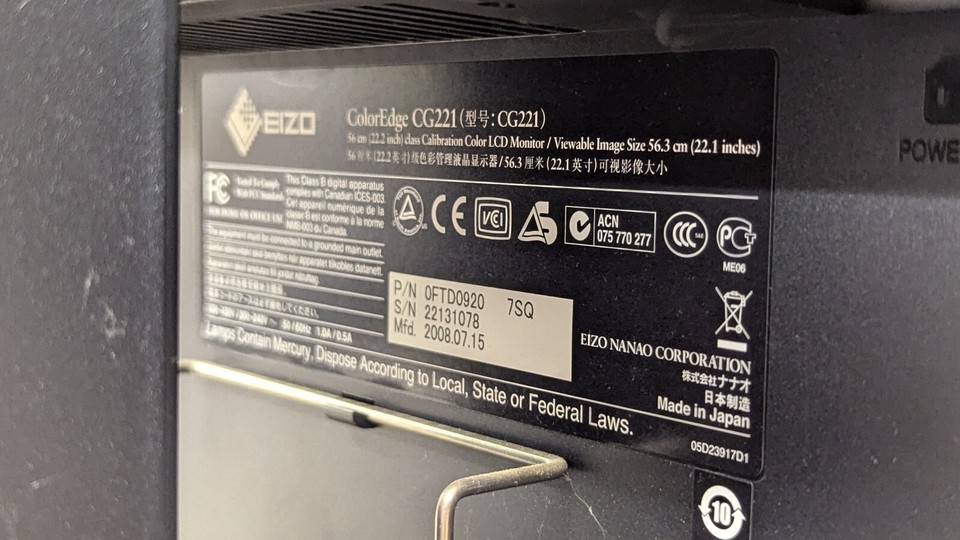 Eizo Coloredge Pro Calibrated Monitor 22" CG221 1920x1200 400:1 Studio ...