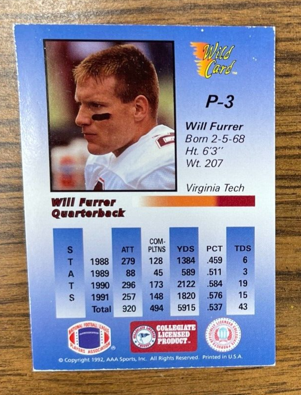 1992 Wild Card # P-3 Will Furrer - Virginia Tech Hokies | eBay