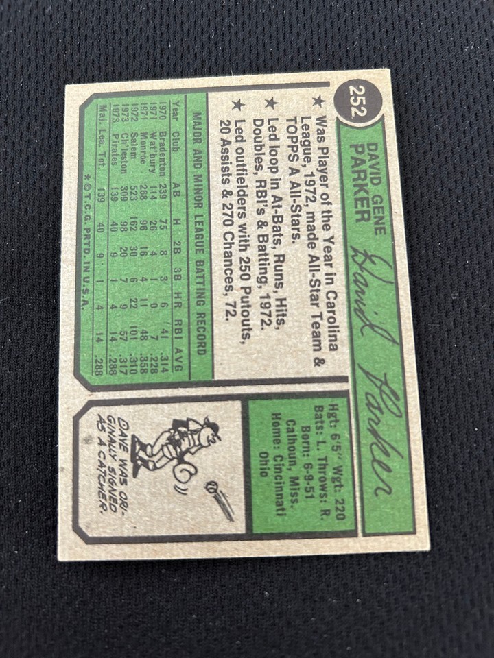 DAVE PARKER ROOKIE "COBRA" 1974 TOPPS PITTSBURGH PIRATES #252 BASEBALL ...