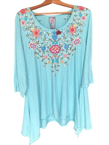 NWT Johnny Was Size 1X Women's Turquoise Tunic Top 3/4 Sleeve Side Slit ...