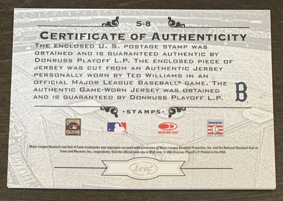 TED WILLIAMS 2005 Leaf Century Olympic Stamps Material Relic #S-8 7/9 ...
