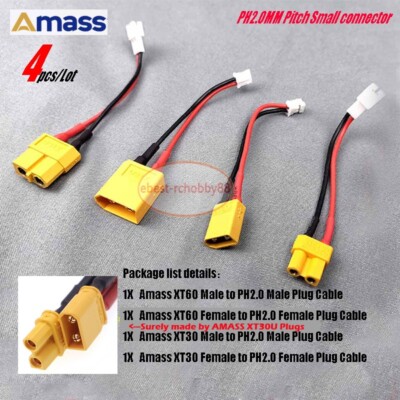 4pcs Genuine Amass XT60 XT30 to PH2.0 Female Male Plug Connector Cable ...