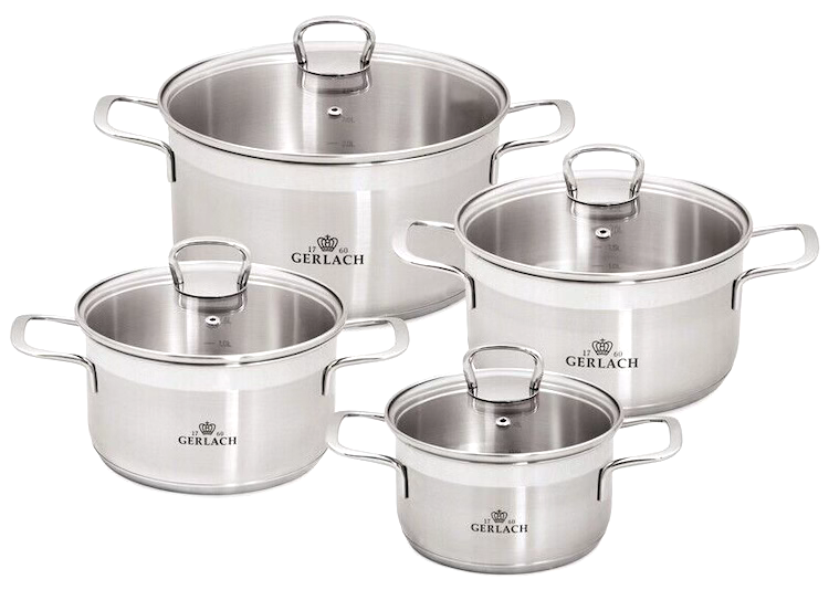GERLACH BRAVA SET OF POTS 8 PCS, COOKWARE SET 4 x STEWPOTS + GLASS LIDS ...