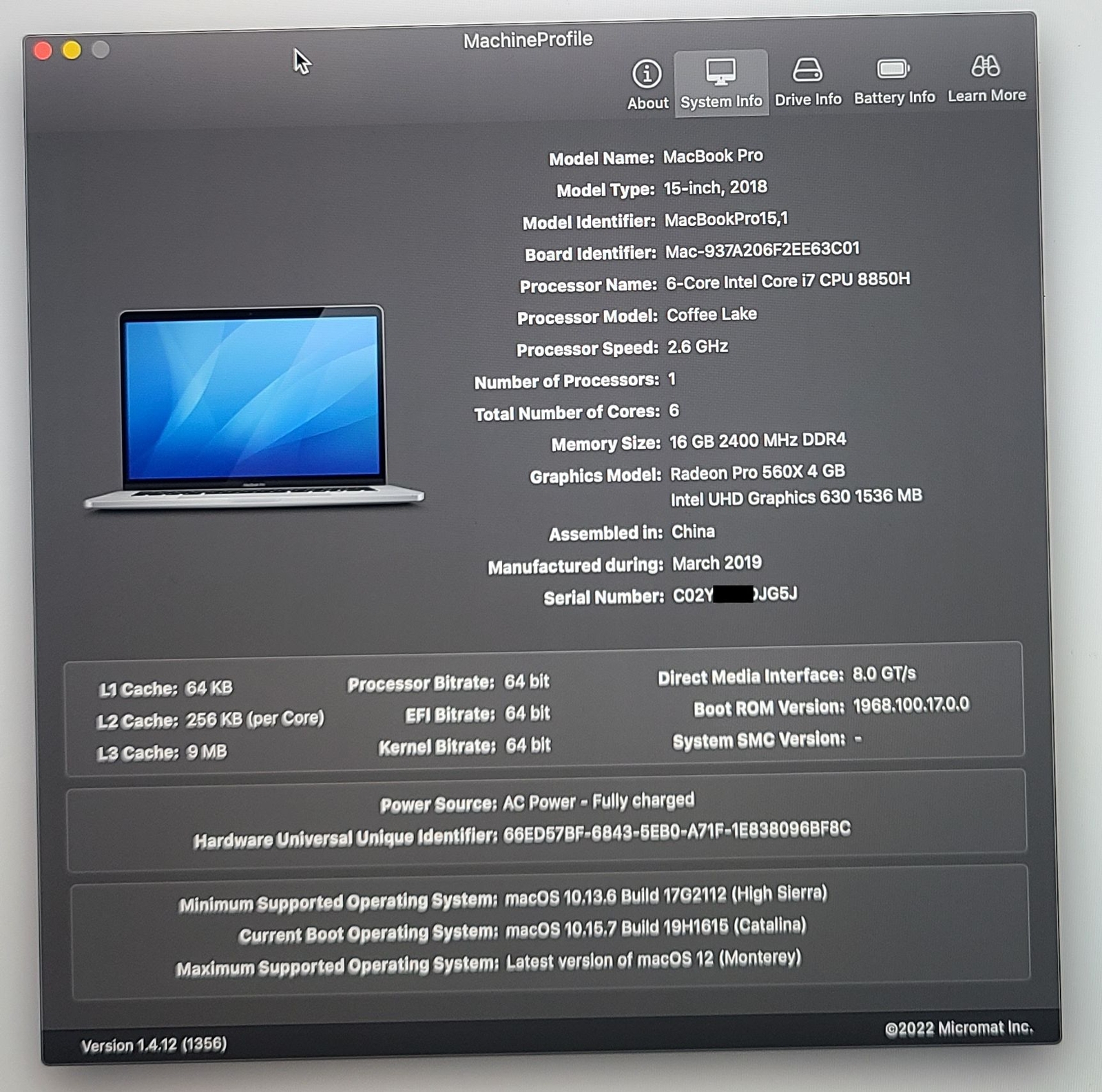 MacBook Pro 15" A1990 2018 i7 2.6Ghz 16GB 512GB Logic Board 820-01041-A ...