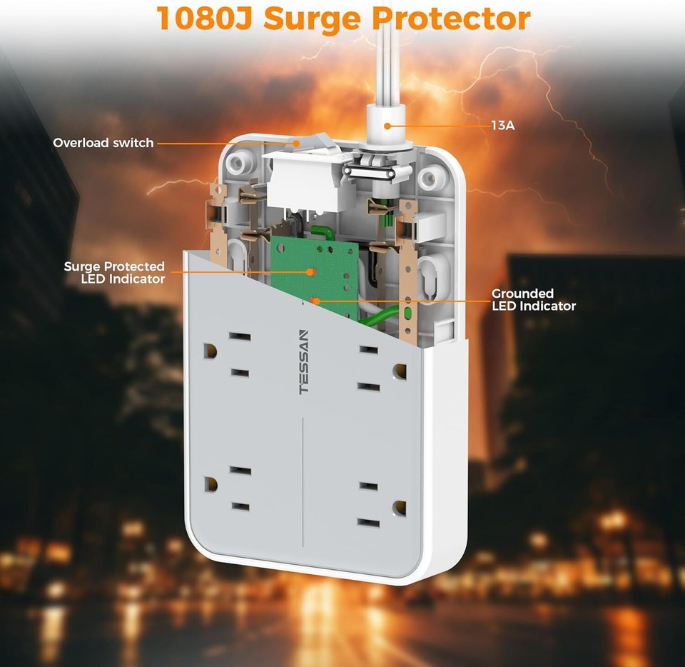 10ft Long Extension Cord Power Strip Flat Plug Ultra Thin Plug with 6 ...