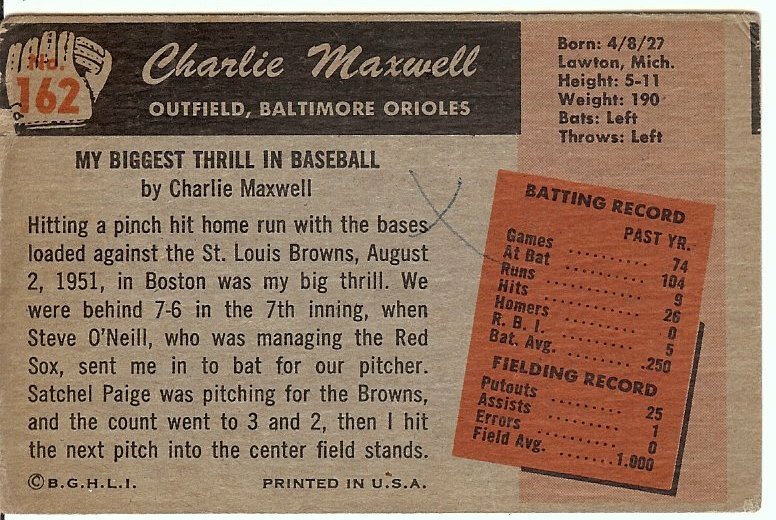 Charlie Maxwell Signed Autographed Baseball Card 1955 Bowman Orioles ...